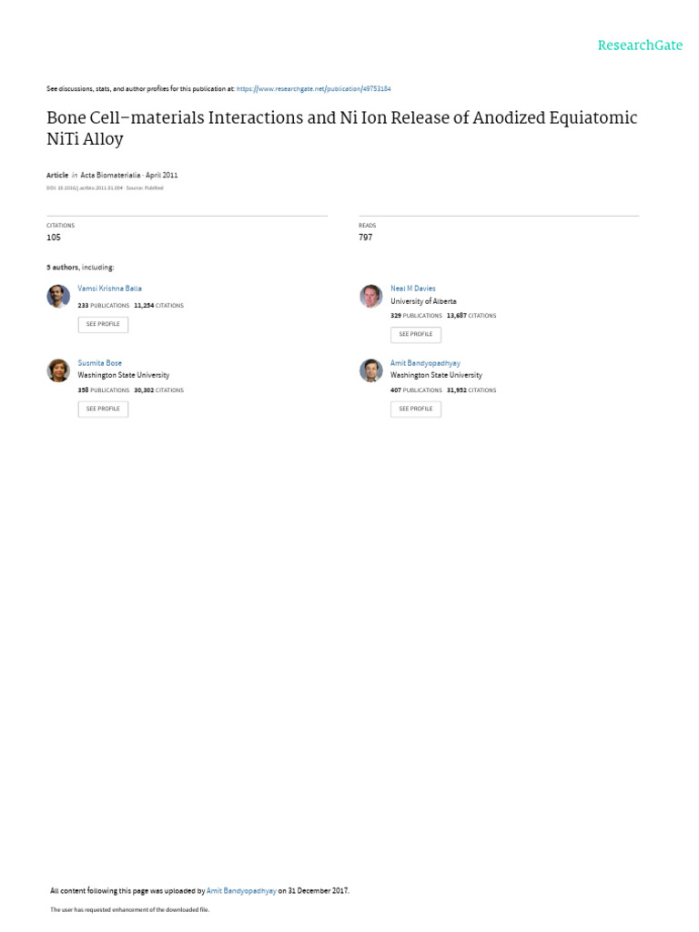 Bone Cell-Materials Interactions and Ni Ion Releas | PDF | Physical Sciences | Materials Science