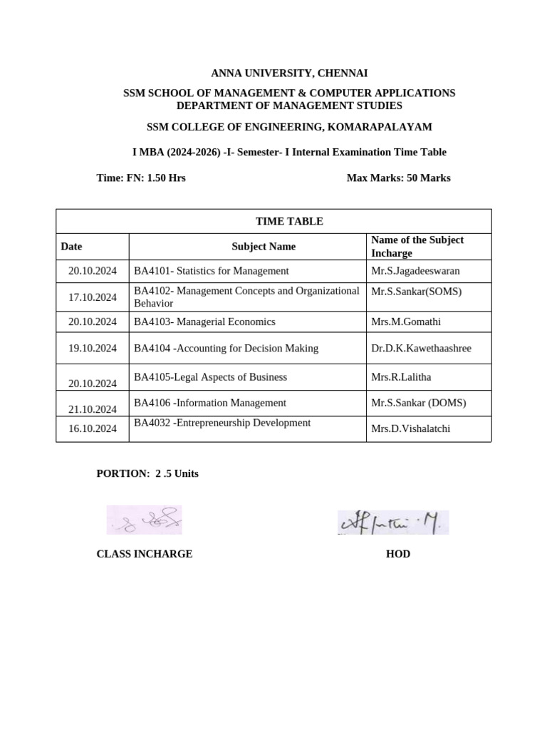 I & II Internal Time Table 2024 | PDF | Control (Social And Political ...