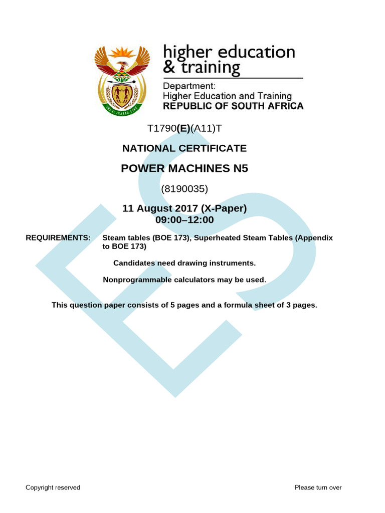 T1320 Power Machines N5 QP Aug 2017 | PDF | Steam | Gases