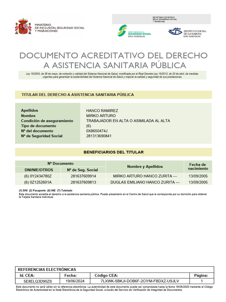 DOCUMENTO ACREDITATIVO DEL DERECHO ASISTENCIA SANITARIA PUBLICA | PDF