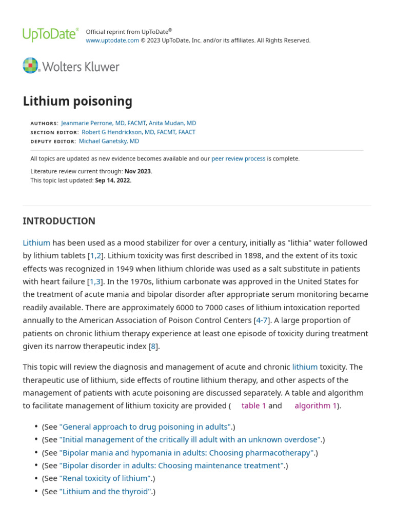 Lithium Toxicity Management Guide | PDF | Hemodialysis | Diseases And ...
