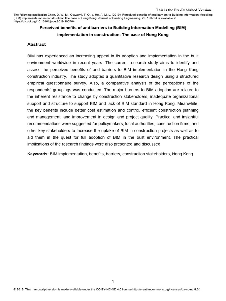 Chan Benefits Barriers BIM | PDF | Building Information Modeling ...