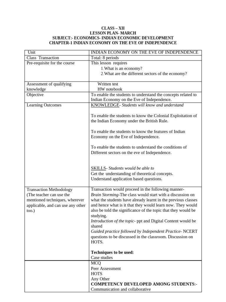 Chapter 1 - Indian Economy On The Eve - Lesson Plans | PDF | Lesson ...