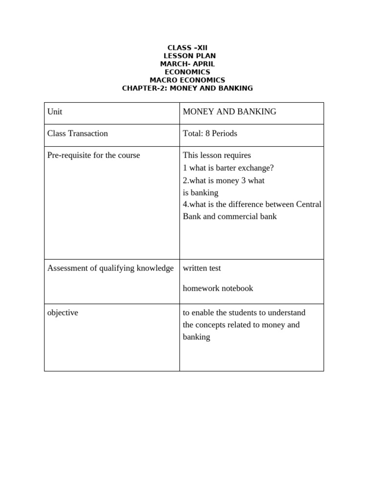 Lesson Plan of Money and Banking | PDF | Lesson Plan | Money