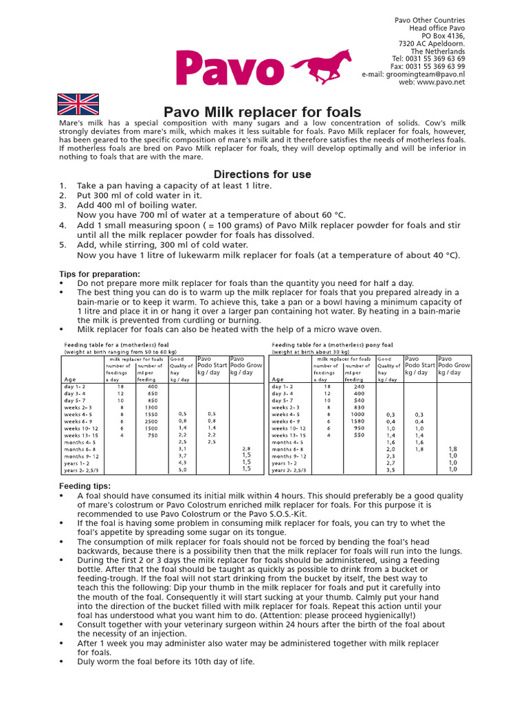 Directions Pavo Milk Replacer For Foals | PDF | Milk | Foal