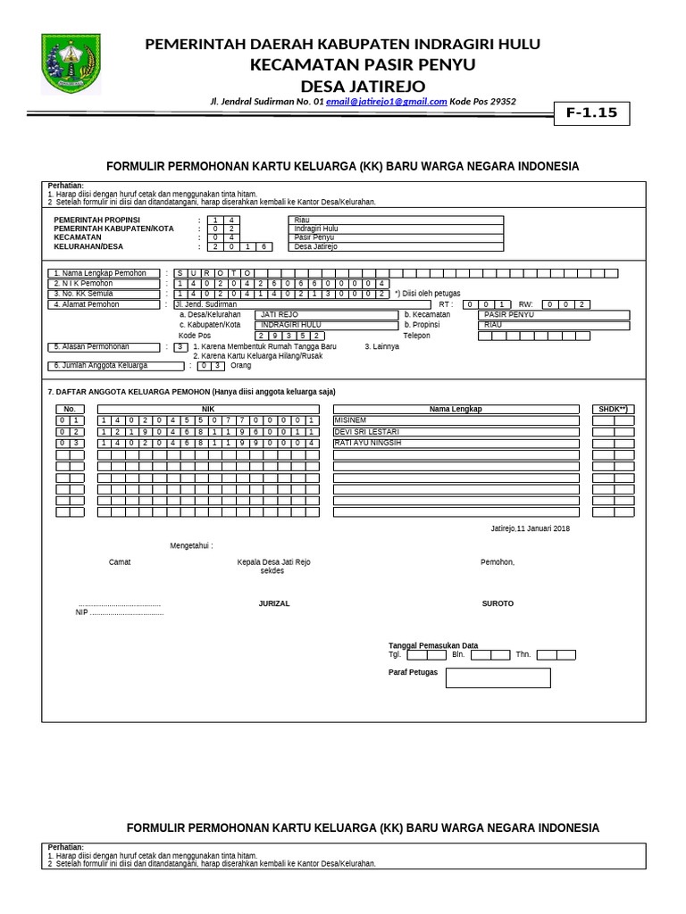 06 (F-1.15) FORMULIR PERMOHONAN KARTU KELUARGA (KK) BARU WARGA NEGARA ...