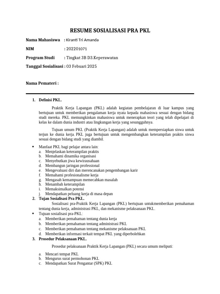 Resume Pra PKL Kiranti Tri Amanda | PDF