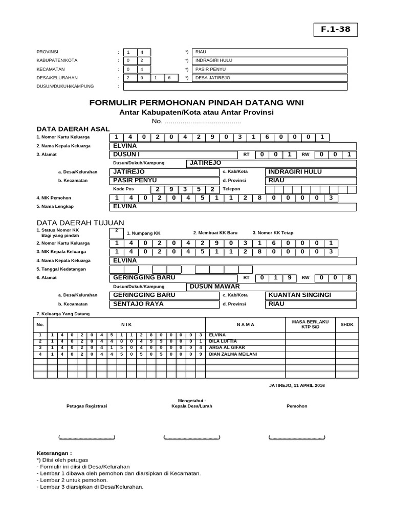 24 (F.1-38) FORMULIR PERMOHONAN PINDAH DATANG WNI (Antar BUPATEN Antar Prov) | PDF