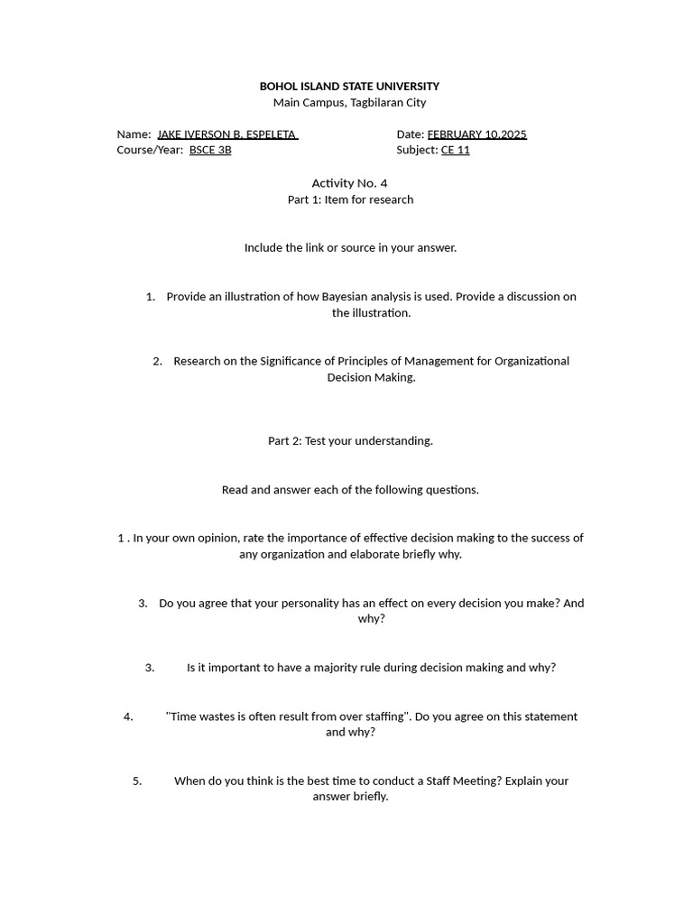 A4 - Decision Making - Espeleta, Jake Iverson | PDF | Decision Making