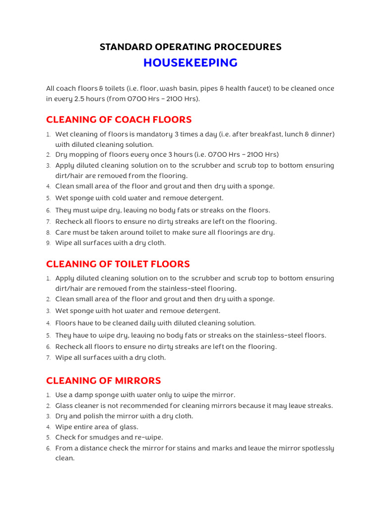 Standard Operating Procedures - Housekeeping | PDF | Housekeeping