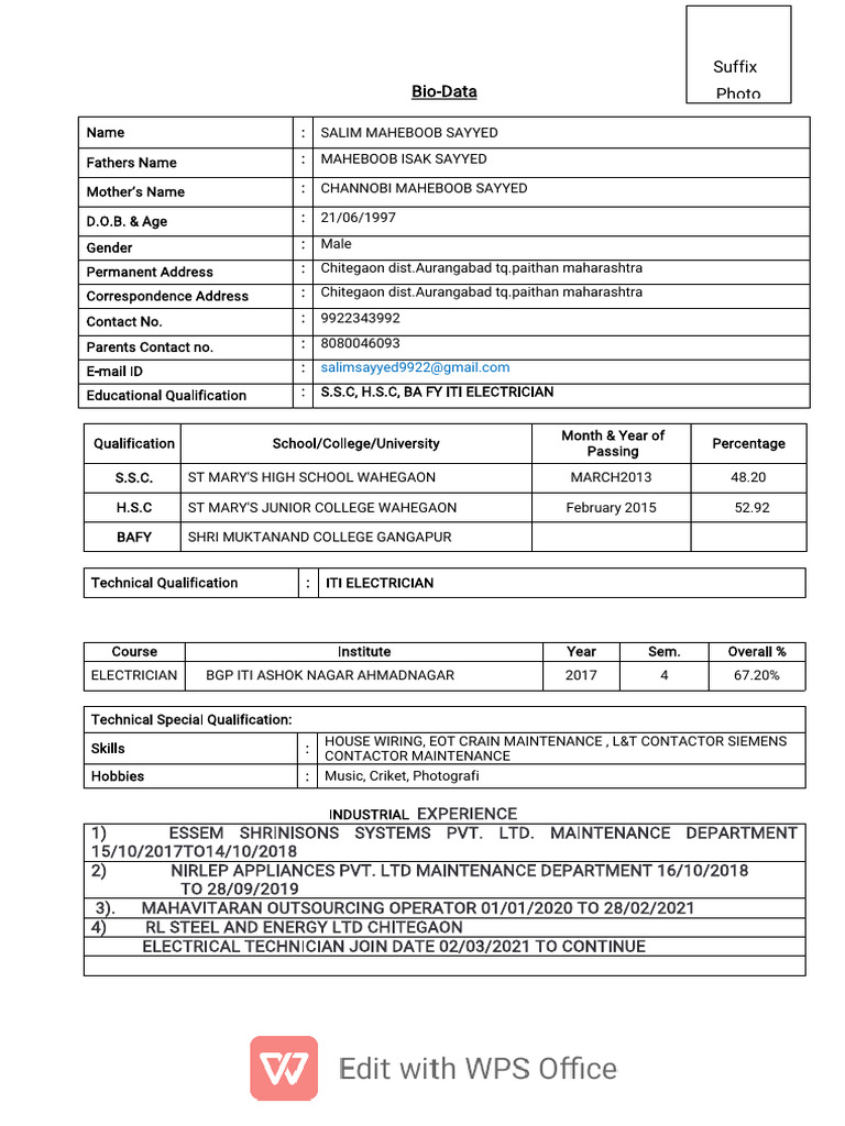 Salim Sayyed's Electrical Bio-Data | PDF | Electrical Engineering ...