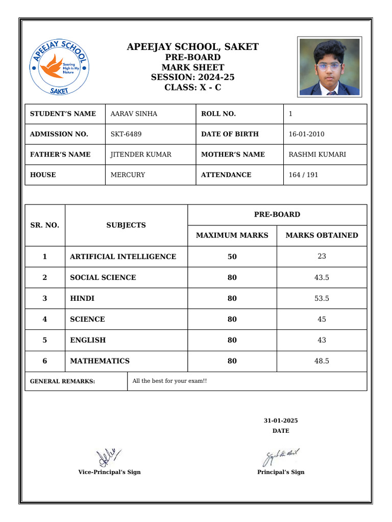 Apeejay School, Saket: Pre-Board Mark Sheet SESSION: 2024-25 Class: X ...