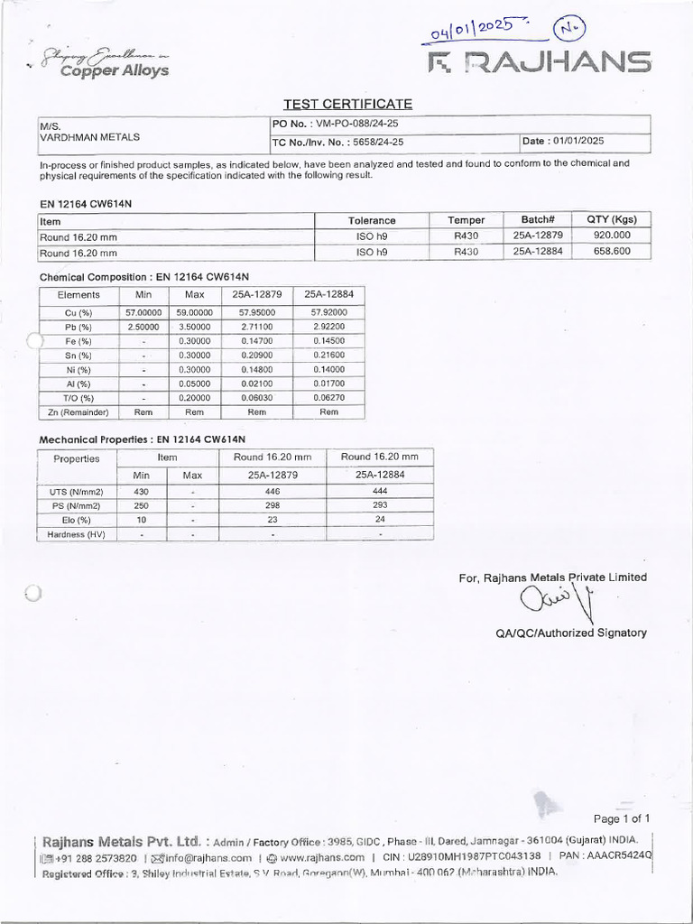 Brass 16.20 mm CuZn39Pb3 04.01.2025 | PDF