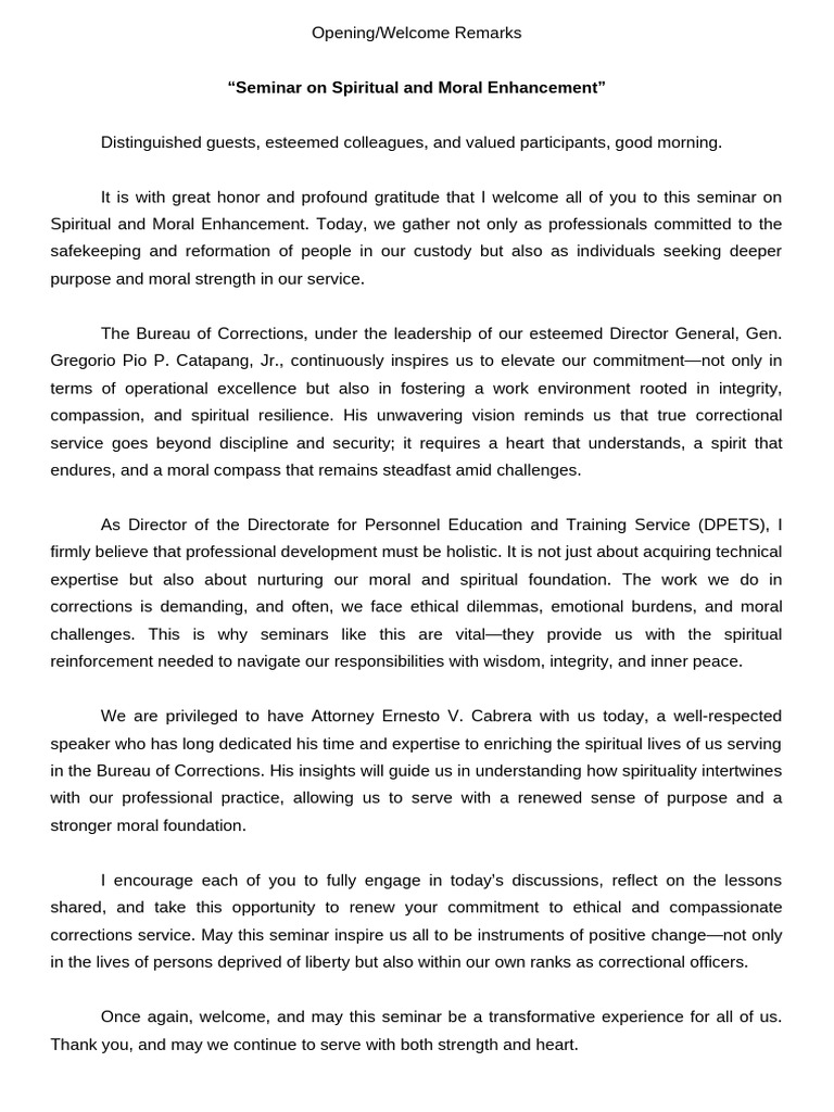 Opening Remarks - Seminar On Moral and Spiritual Enhancement | PDF ...