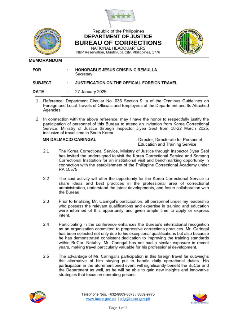 (Edit 2) MEMO FOR JUSTIFICATION OF FOREIGN TRAVEL - MR CARINGAL | PDF