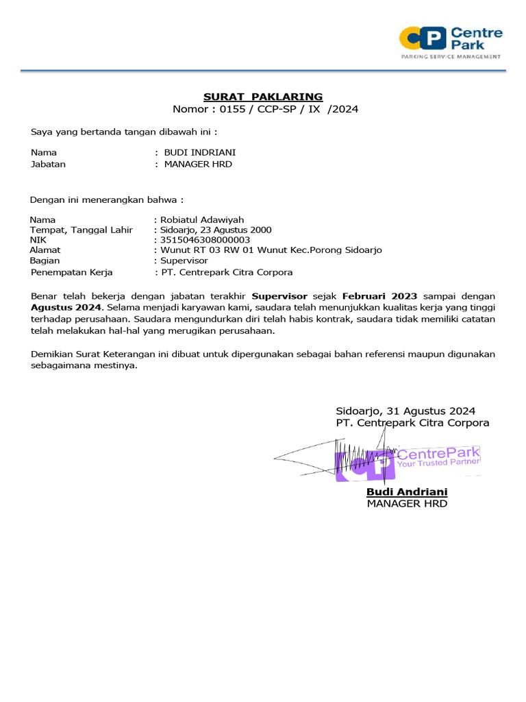 Surat Paklaring Karyawan PT Centrepark | PDF
