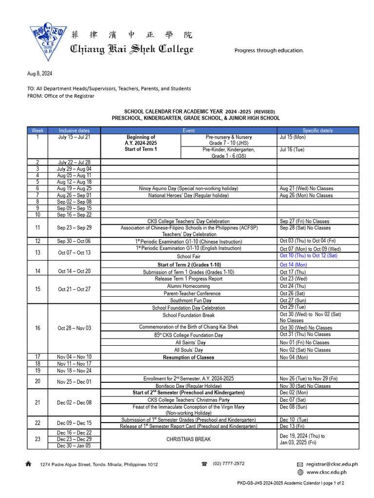 CKS College Academic Calendar 2024-2025 | PDF | Kindergarten ...