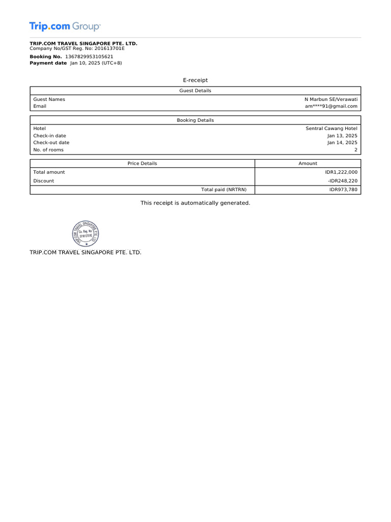 Trip.com Hotel Booking Receipt | PDF
