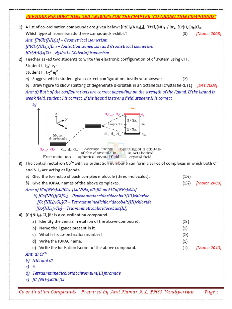 Hsslive-xii-chem-5. Co-ordination compounds Qns & Ans | PDF | Coordination Complex | Ligand
