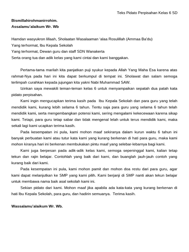Teks Pidato Perpisahan Kelas 6 SD | PDF