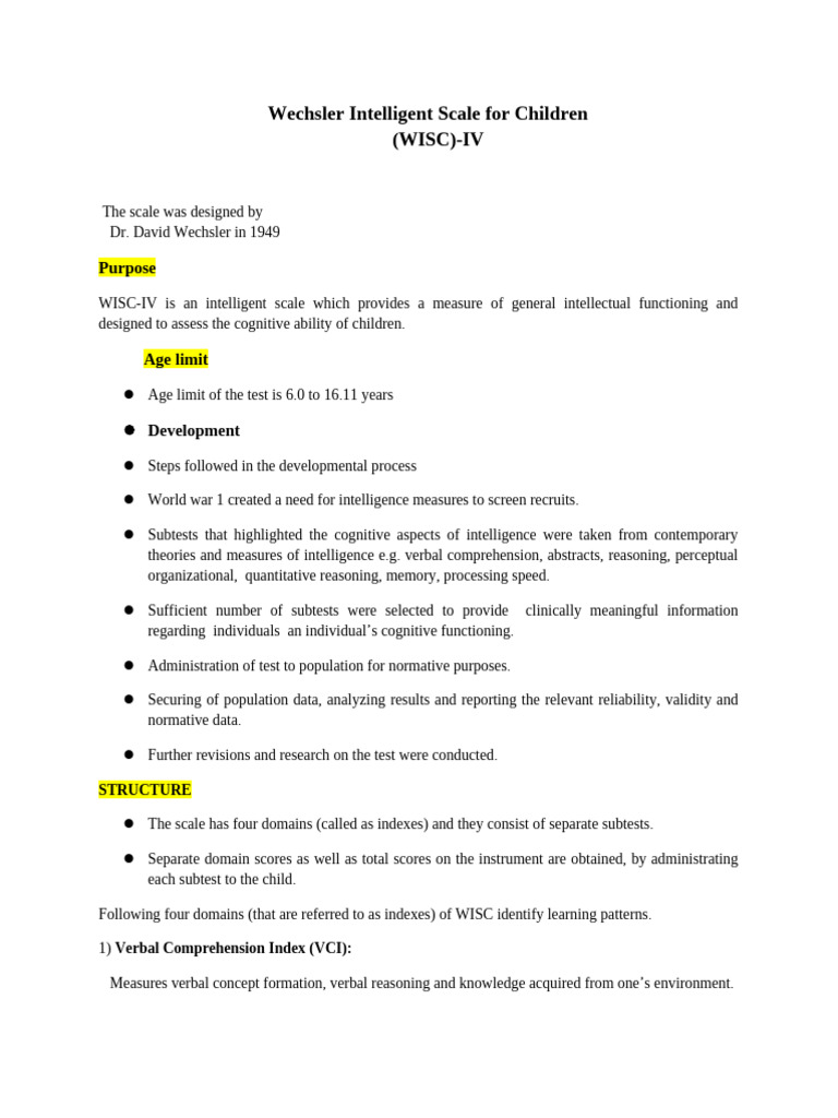 WISC-IV: Child Intelligence Assessment | PDF | Wechsler Adult ...