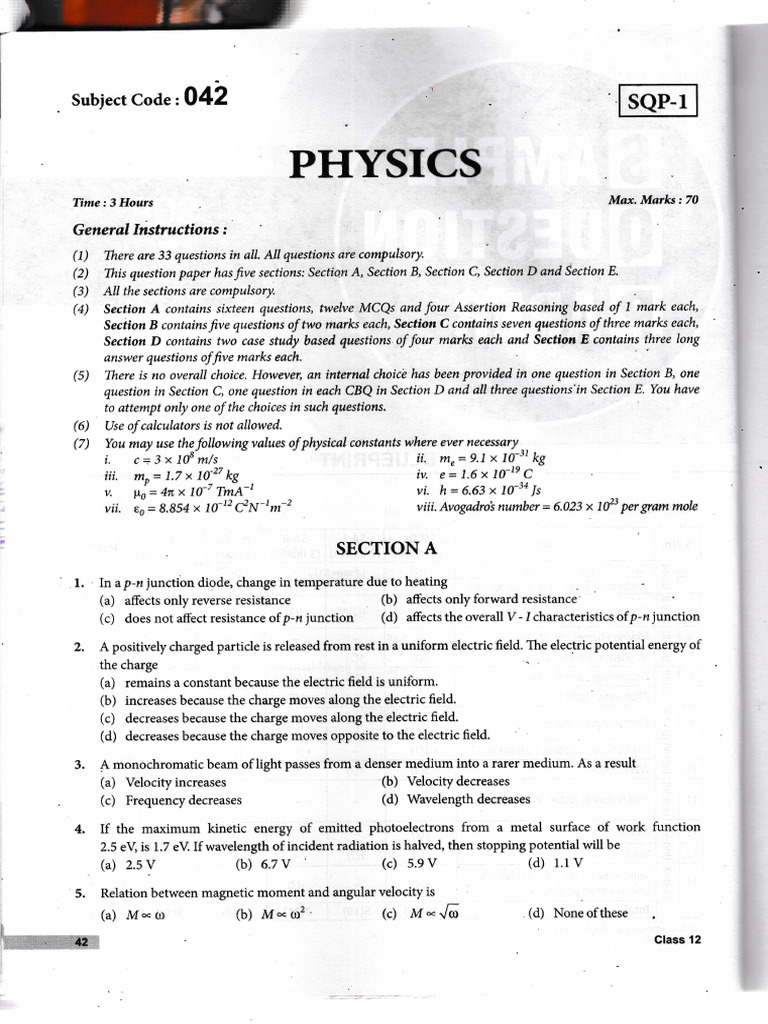 Sample Question Paper 1-1 | PDF | Electromagnetism | Physical Phenomena