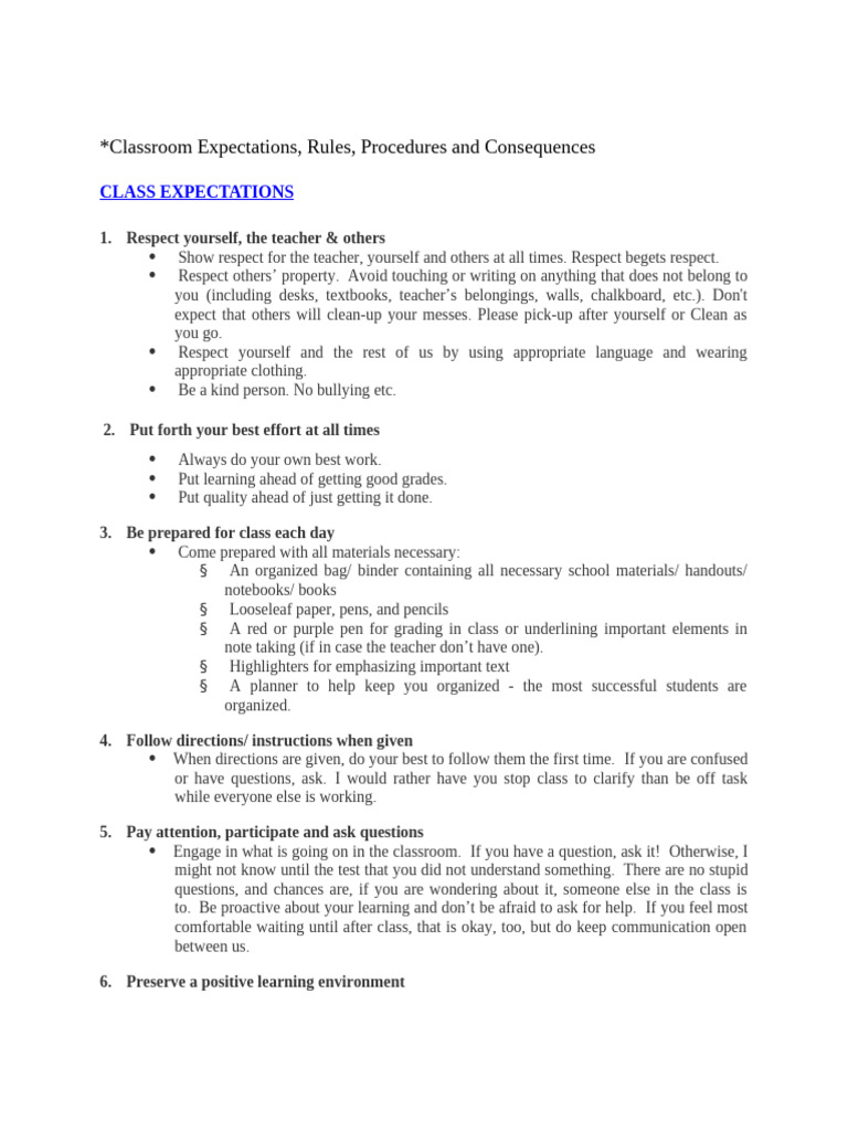 Classroom Rules and Expectations Guide | PDF | Homework | Classroom