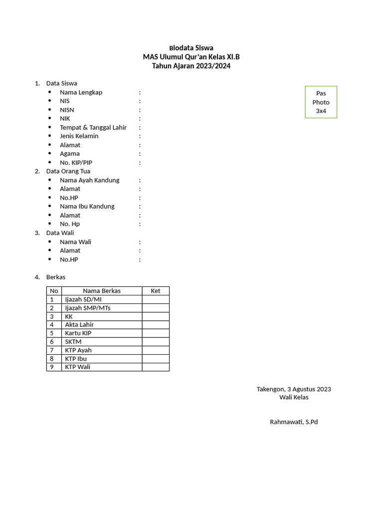 Biodata Siswa | PDF