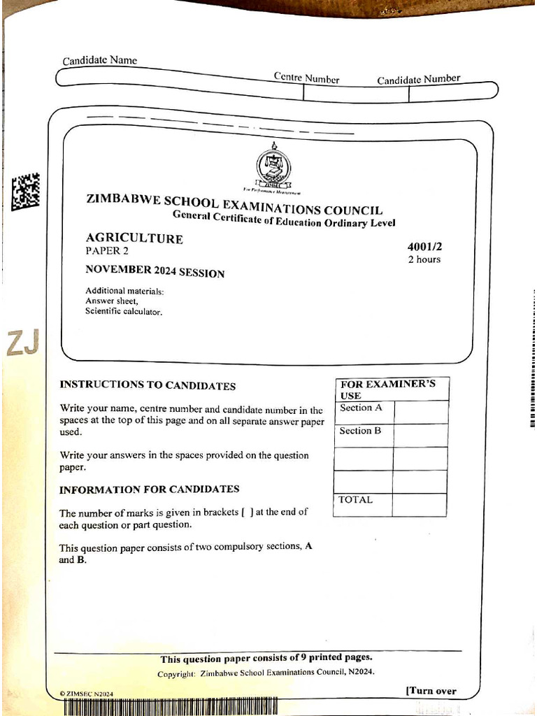 Agriculture Paper 2 2024 ZIMSEC | PDF