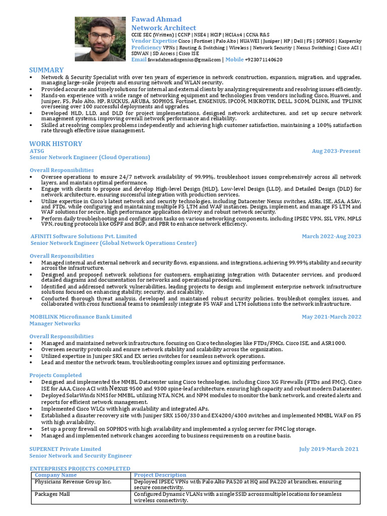 Network Architect - Fawad Ahmad | PDF | Computer Network | Computer Science