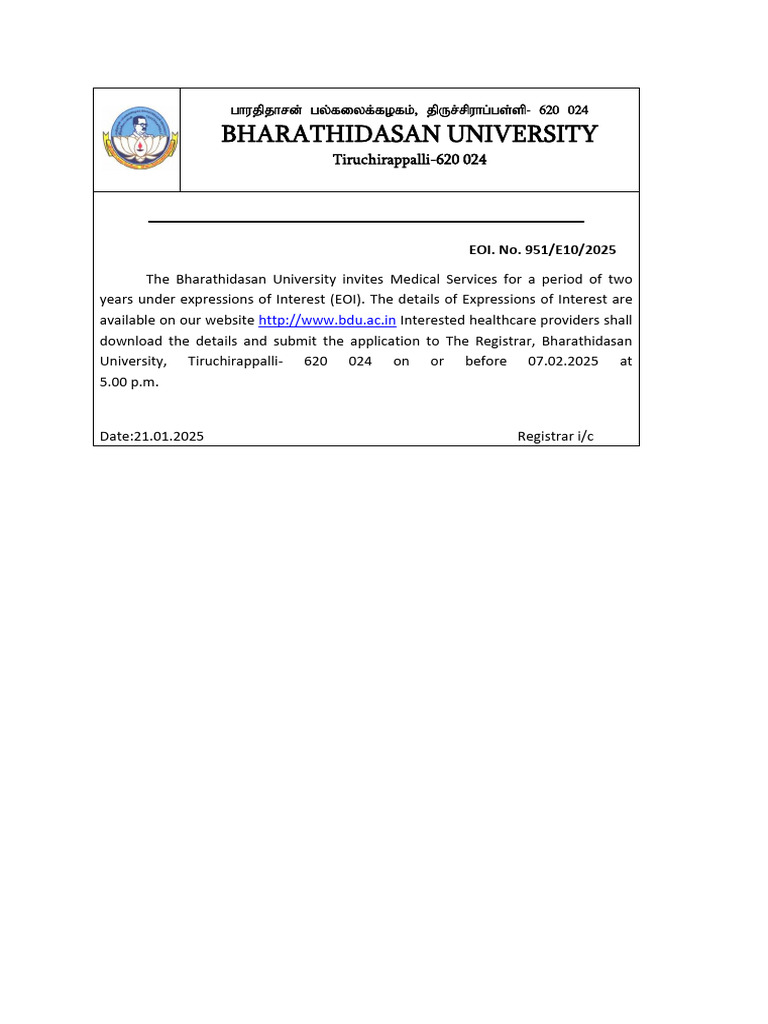 Bharathidasn University Tenders For Medical Healthcare Services | PDF ...