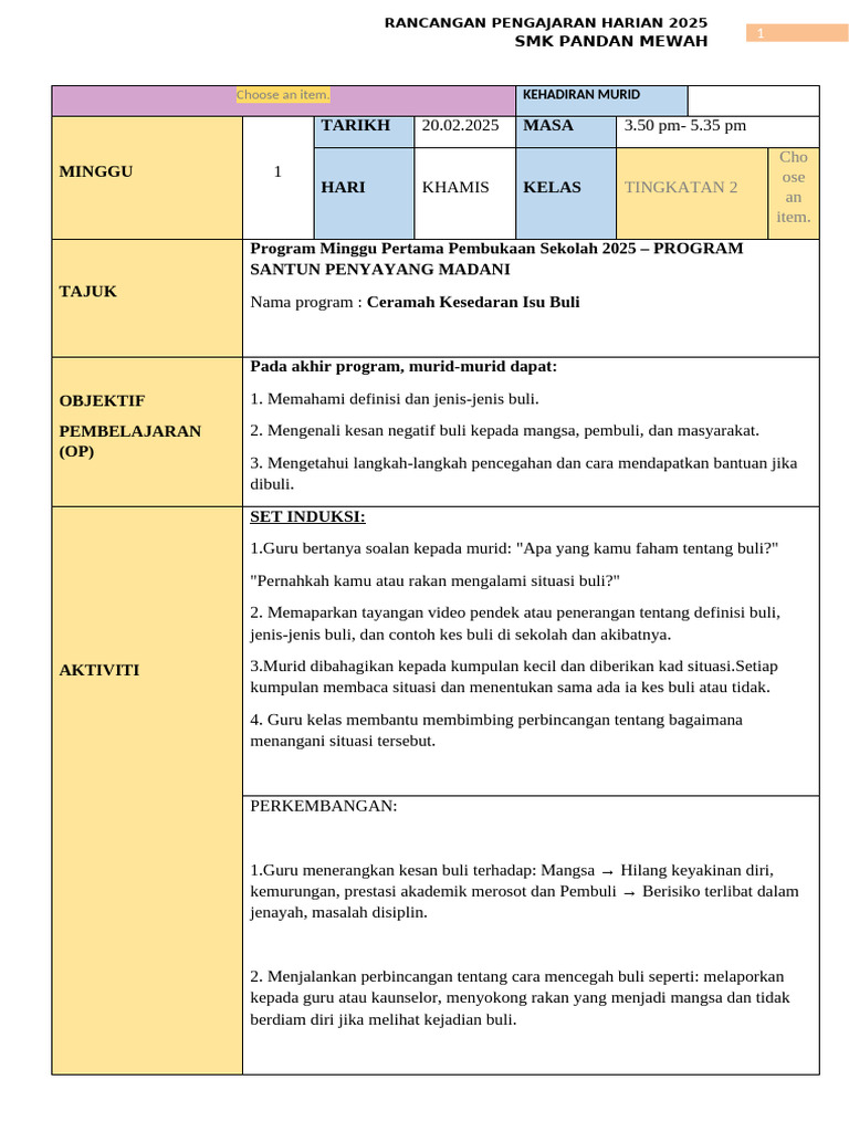 ERPH Kesedaran Isu Buli Tingkatan 2 (Khamis) | PDF