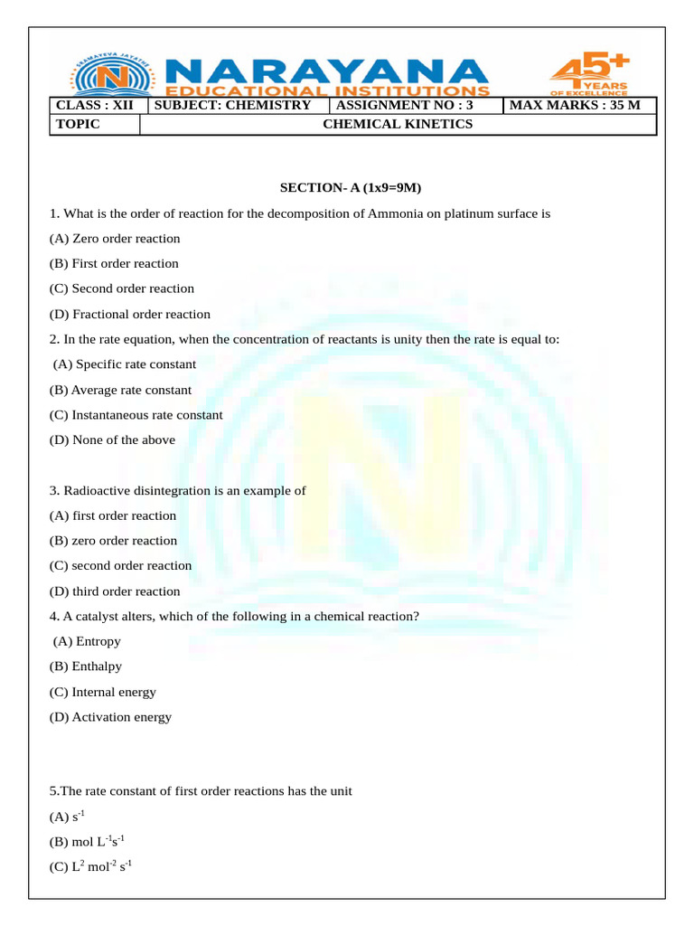 Chemical Kinetics Assignment for Class XII | PDF | Reaction Rate ...