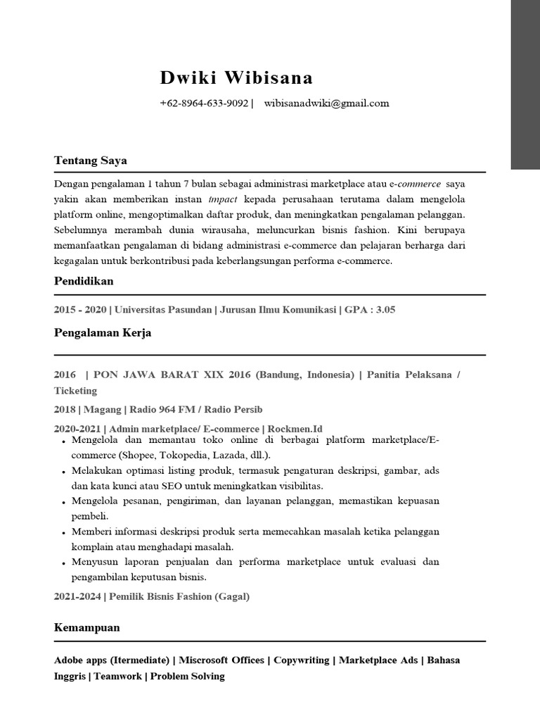 Pengalaman Administrasi E-Commerce Dwiki | PDF