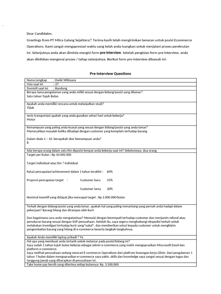 Formulir Pre-Interview Ecommerce Operations | PDF