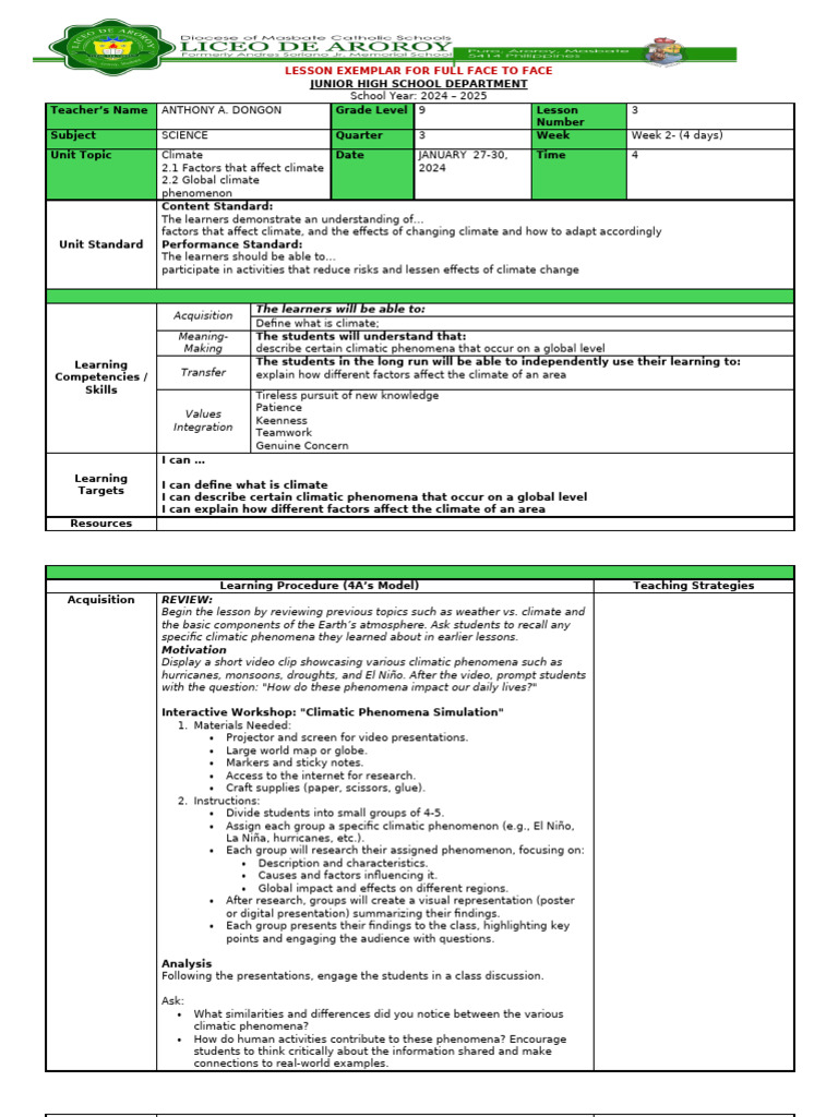 Grade 9 Science Lesson on Climate | PDF | Climate | Learning