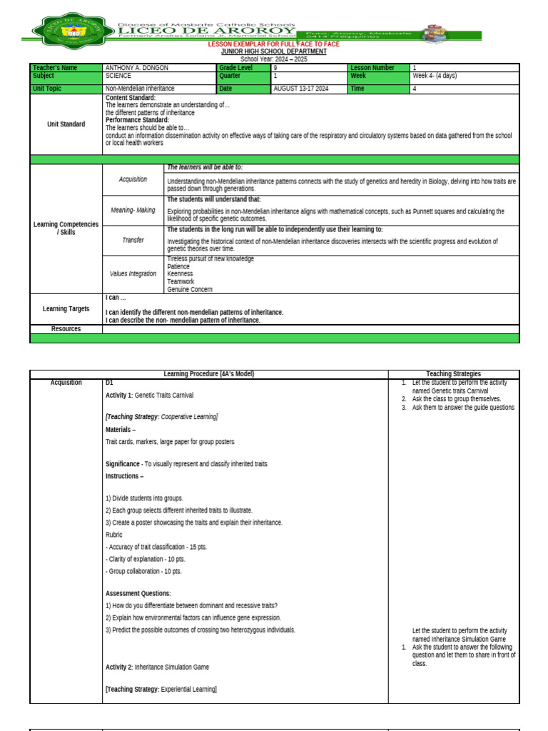 LESSON EXEMPLAR week 4 | PDF | Heredity | Dominance (Genetics)