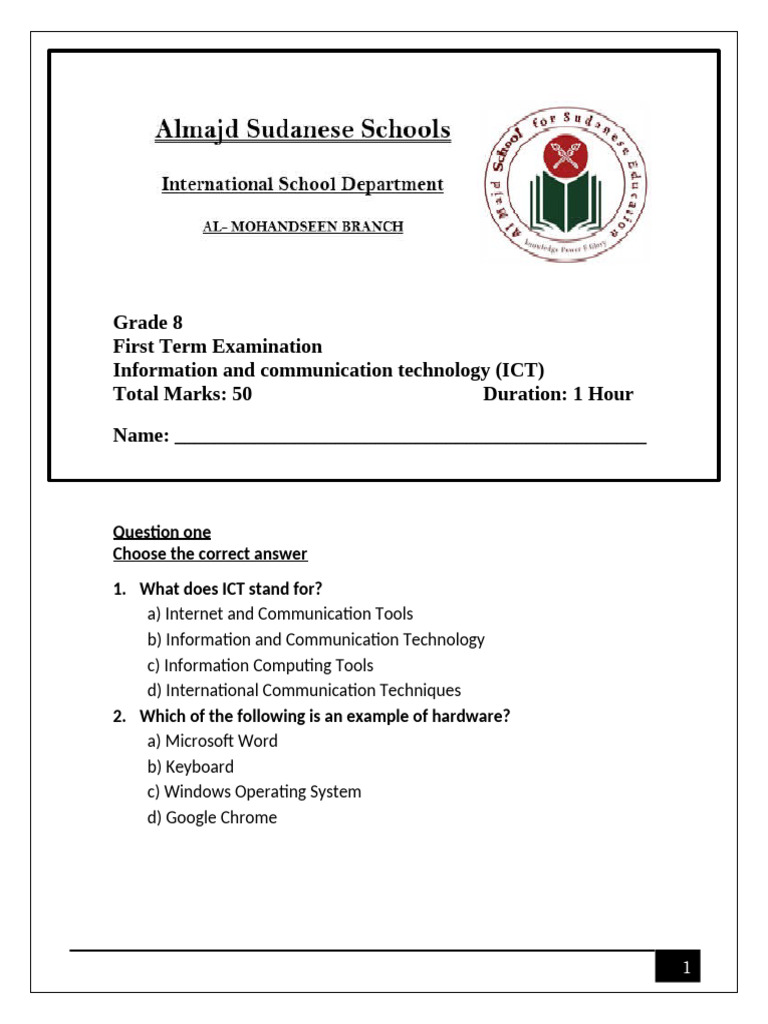 Grade 8 ICT Exam | PDF | Computer Hardware | Information And Communications Technology