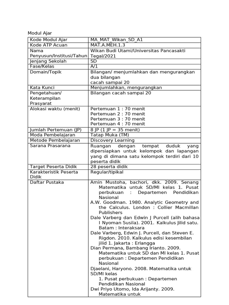 Modul Ajar Matematika - Menjumlahkan Dan Mengurangkan Dua Bilangan Cacah Sampai 20 - Fase A | PDF