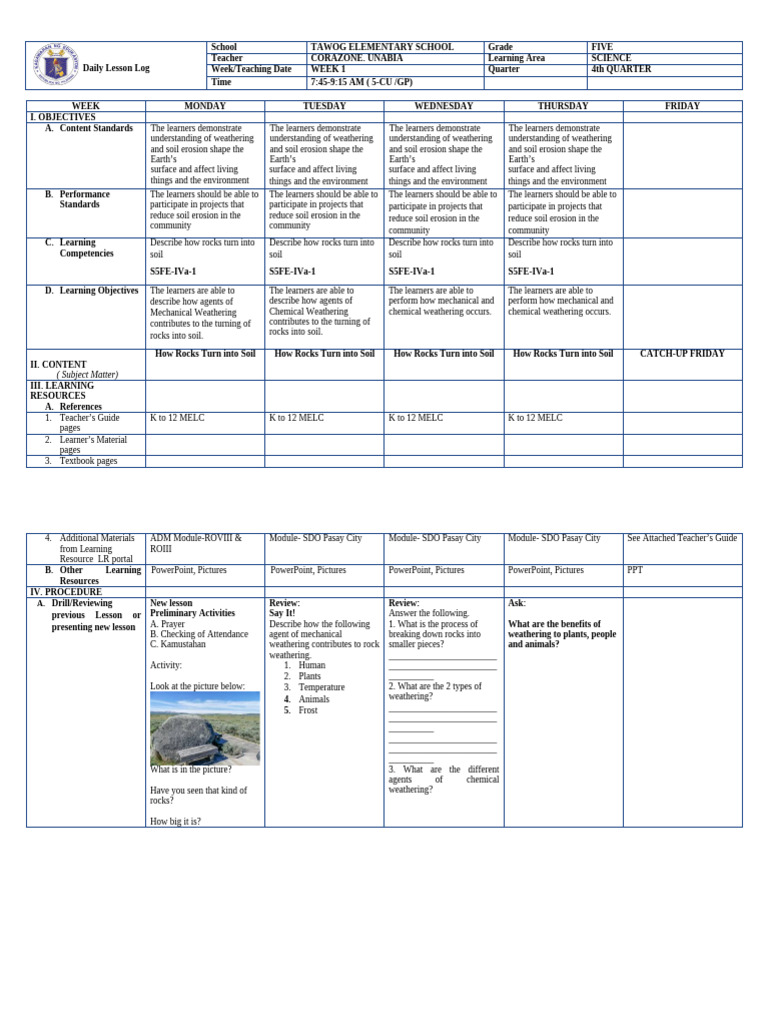 DLL Week 1-Q4 Science 5 | PDF | Weathering | Decomposition