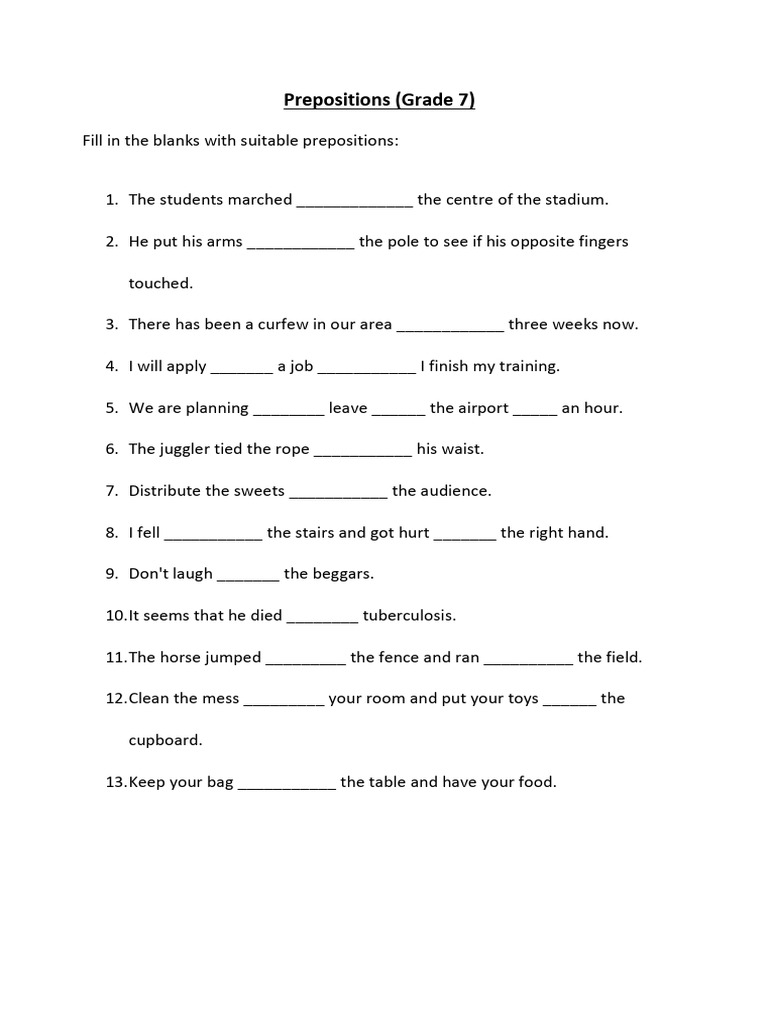 Prepositions Grade 7 | PDF