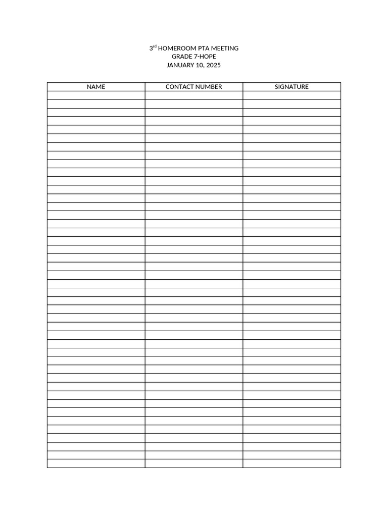 Homeroom Pta Meeting Attendance Sheet | PDF