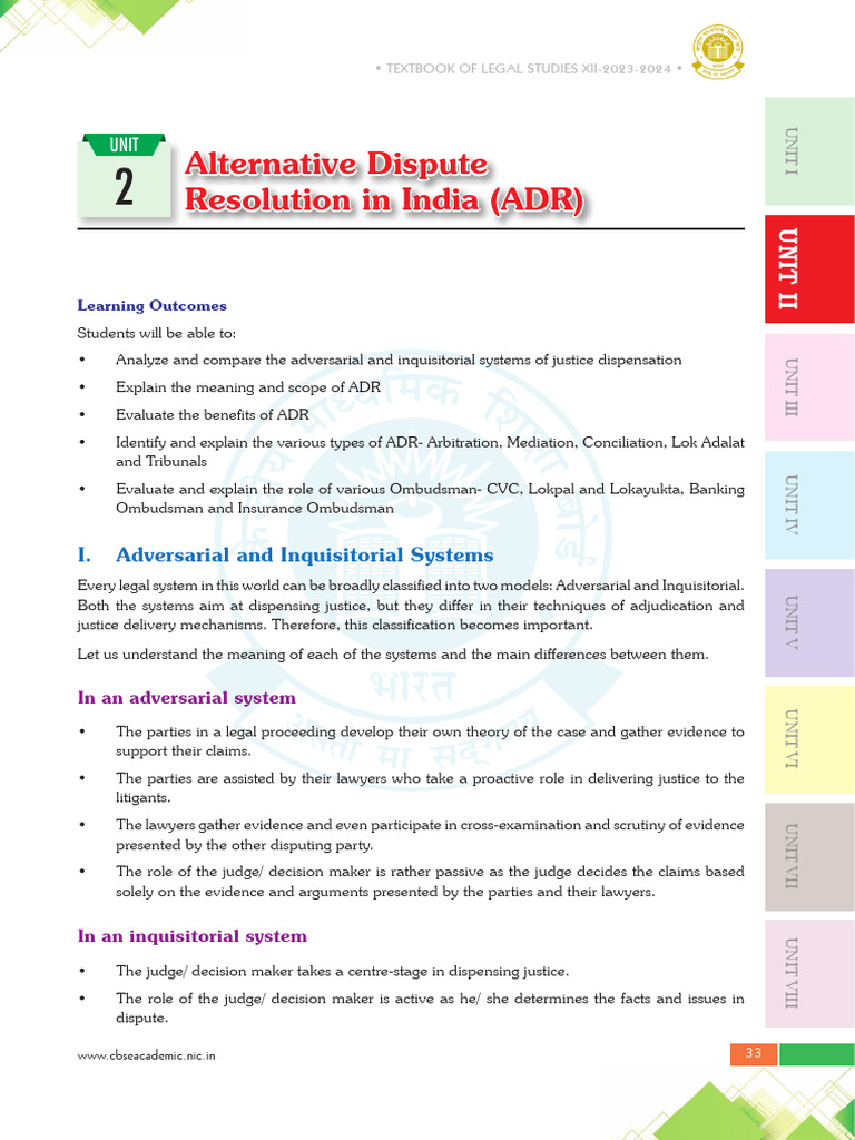 ADR Unit 2 of LEGAL STUDIES Textbook Class XII Ncert | PDF | Mediation | Alternative Dispute ...