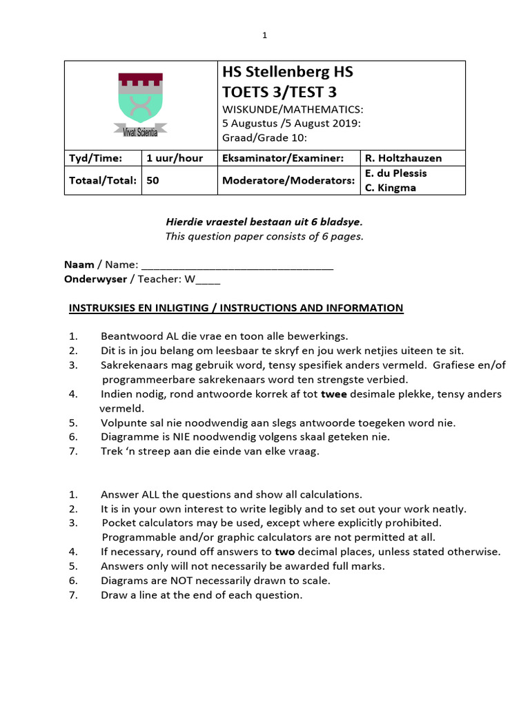 2019 Toets 3 Funksies | PDF | Asymptote | Algebraic Geometry