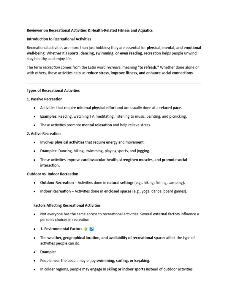Recreational Activities and Aquatic Fitness | PDF | Swimming | Recreation
