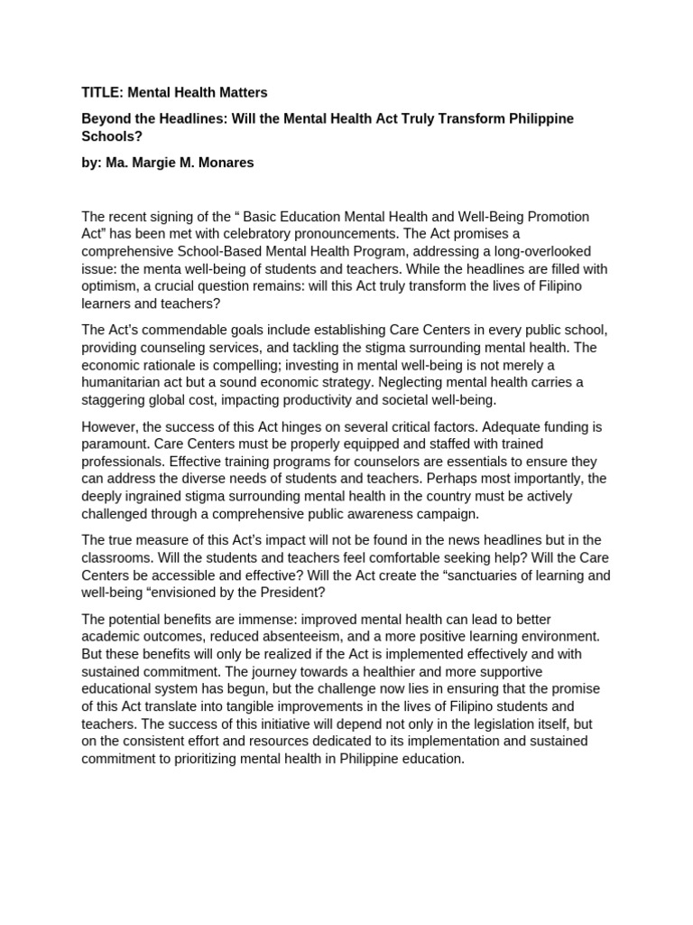 Column Article-Marge School Paper | PDF | Mental Health