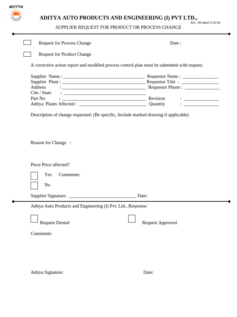 Supplier Request For Prod. & Process Change | PDF