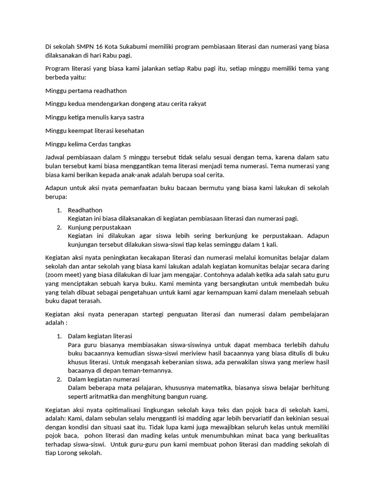 Program Literasi dan Numerasi SMPN 16 | PDF