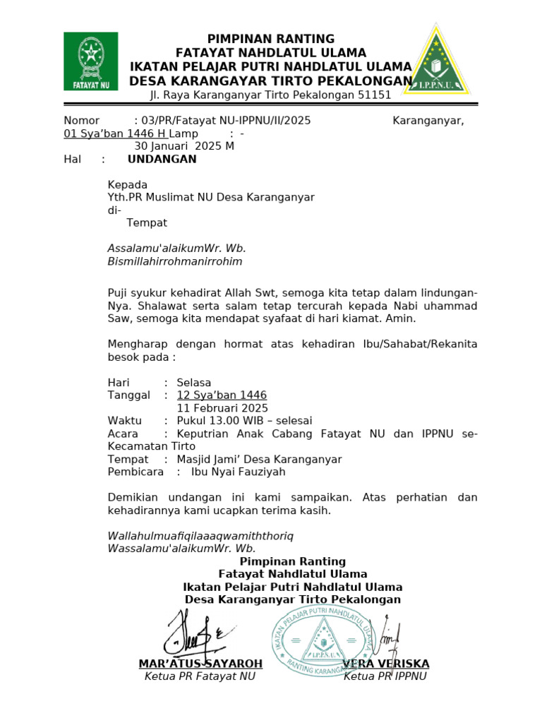 Undangan Keputrian Fatayat NU 2025 | PDF