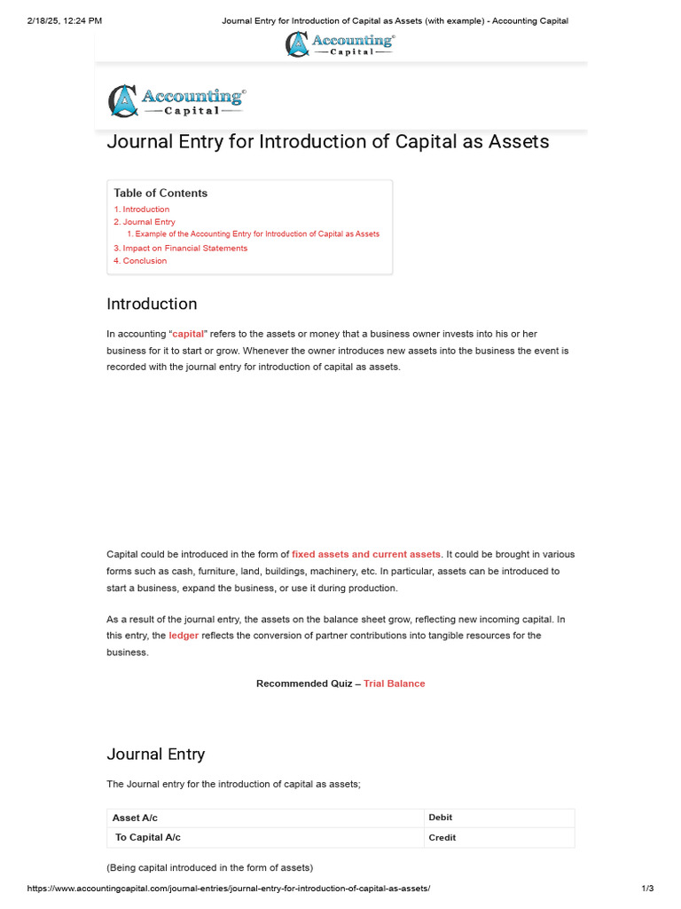 Journal Entry For Introduction of Capital As Assets (With Example ...